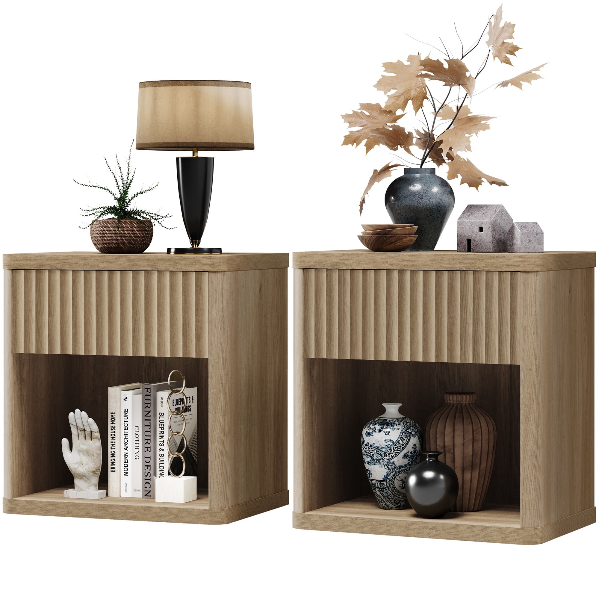 SICOTAS Oak Nightstands Set of 2 with Drawer Modern Engineered Wood ...