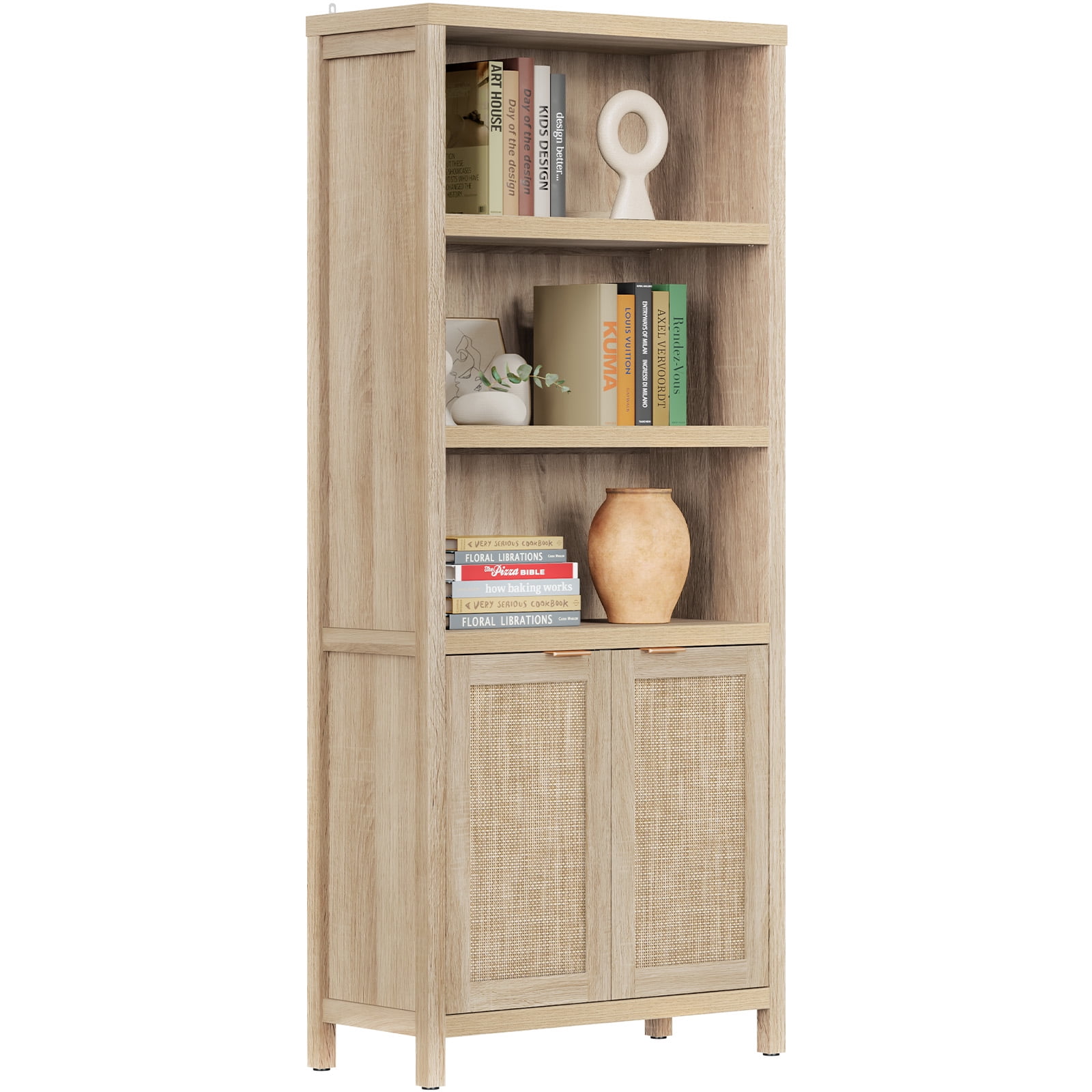 SICOTAS Rattan 5 Tier Bookshelf, Natural 5 Shelf Bookcase with Doors ...