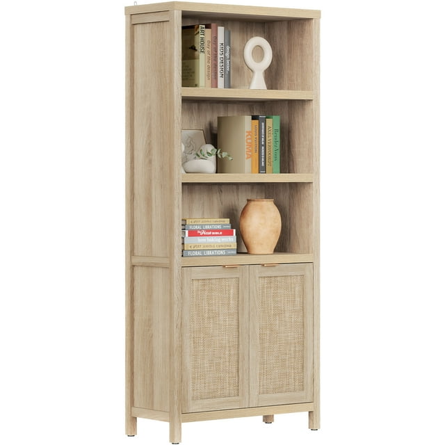 SICOTAS Rattan 5 Tier Bookshelf, Natural 5 Shelf Bookcase with Doors ...