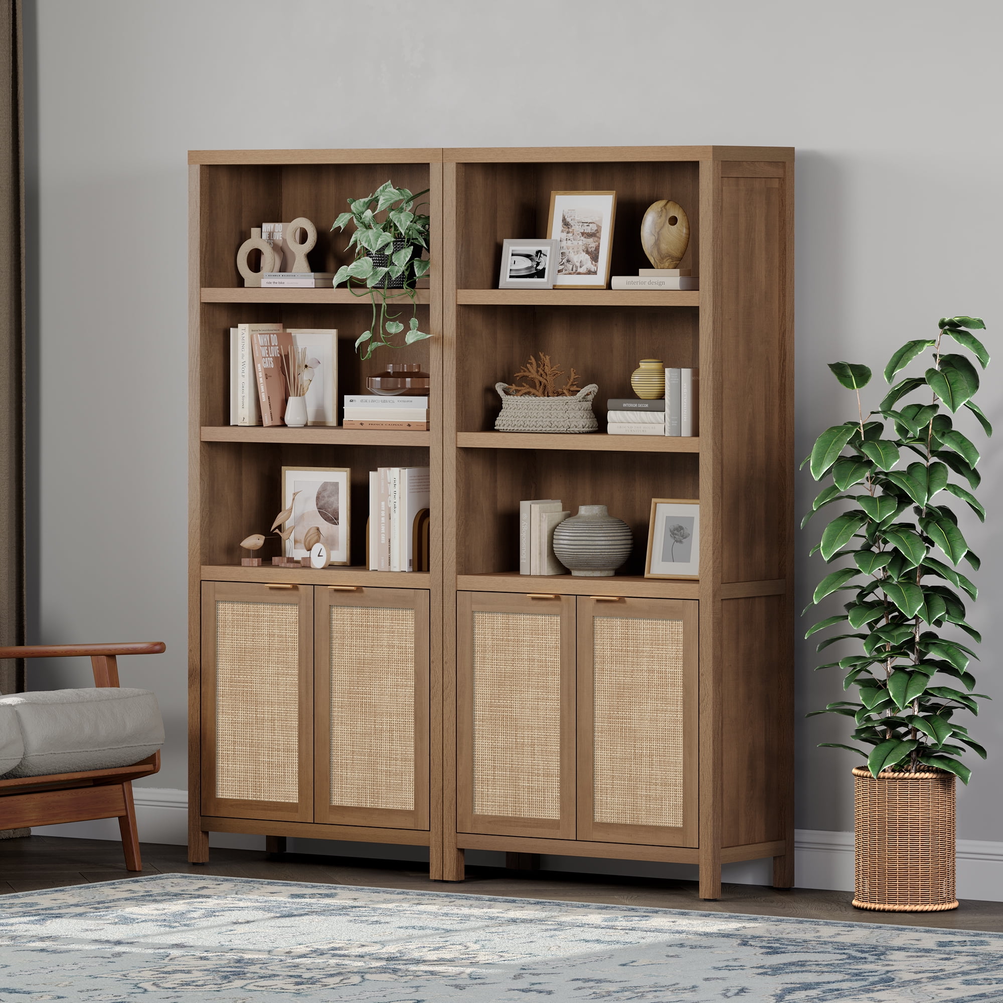 SICOTAS 5-Tier Rattan Bookshelf Set of 2, Adjustable Library Bookcase ...