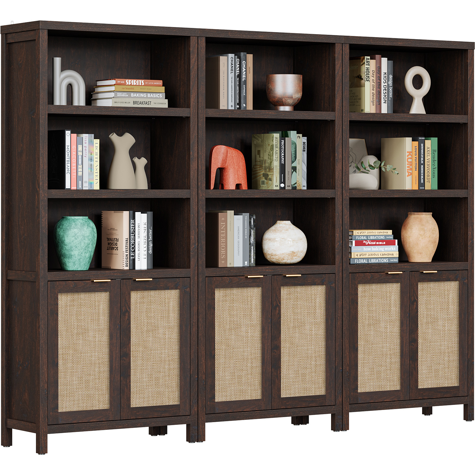 SICOTAS Rattan 5 Tier Bookshelf Set of 3,Cherry 5 Shelf Bookcase with ...