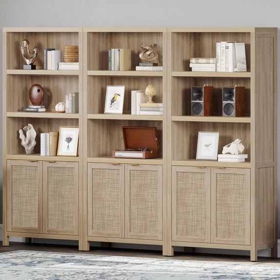 SICOTAS Rattan 5 Tier Bookshelf Set of 3,Natural 5 Shelf Bookcase with ...