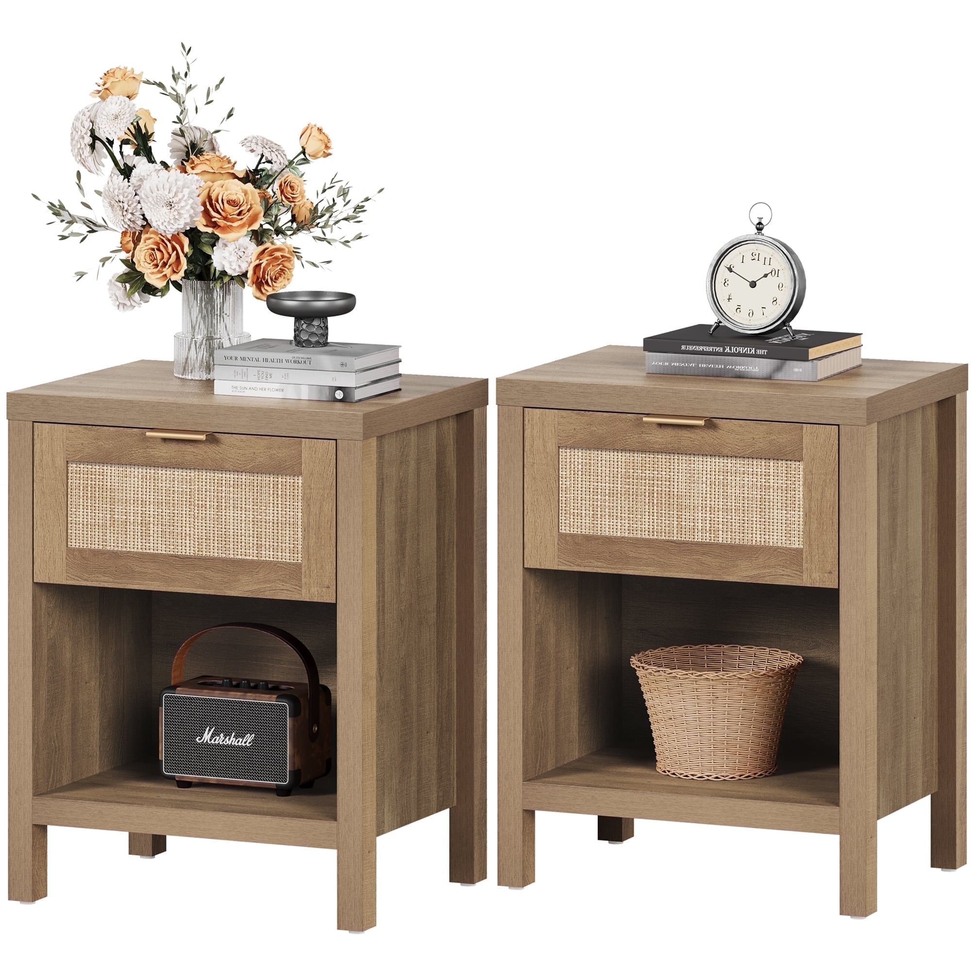 SICOTAS Wooden Rattan Matching Nightstands Set of 2, Drawer & Storage ...