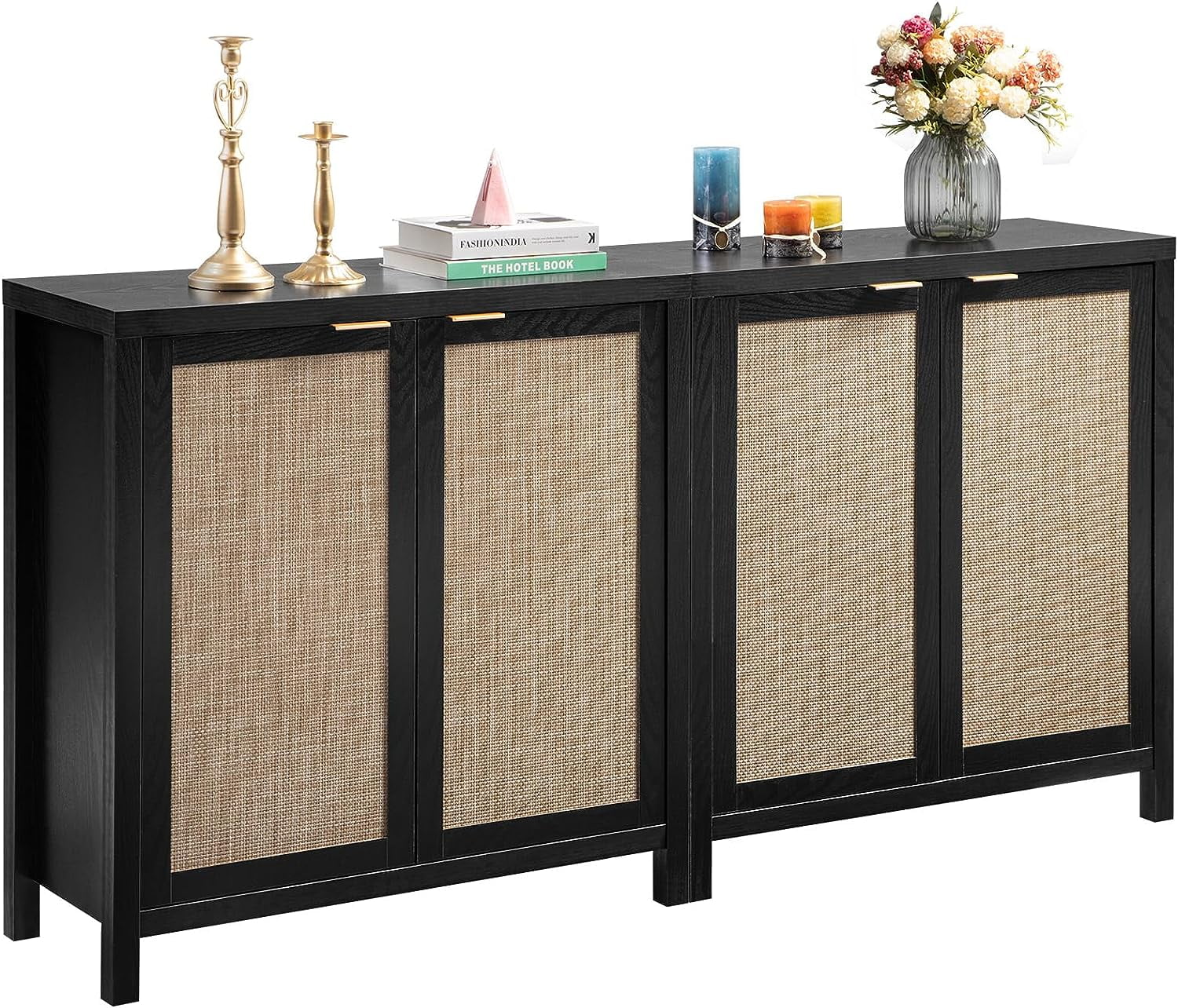 SICOTAS Rattan Sideboard Buffet Cabinet Set of 2, Black Kitchen ...