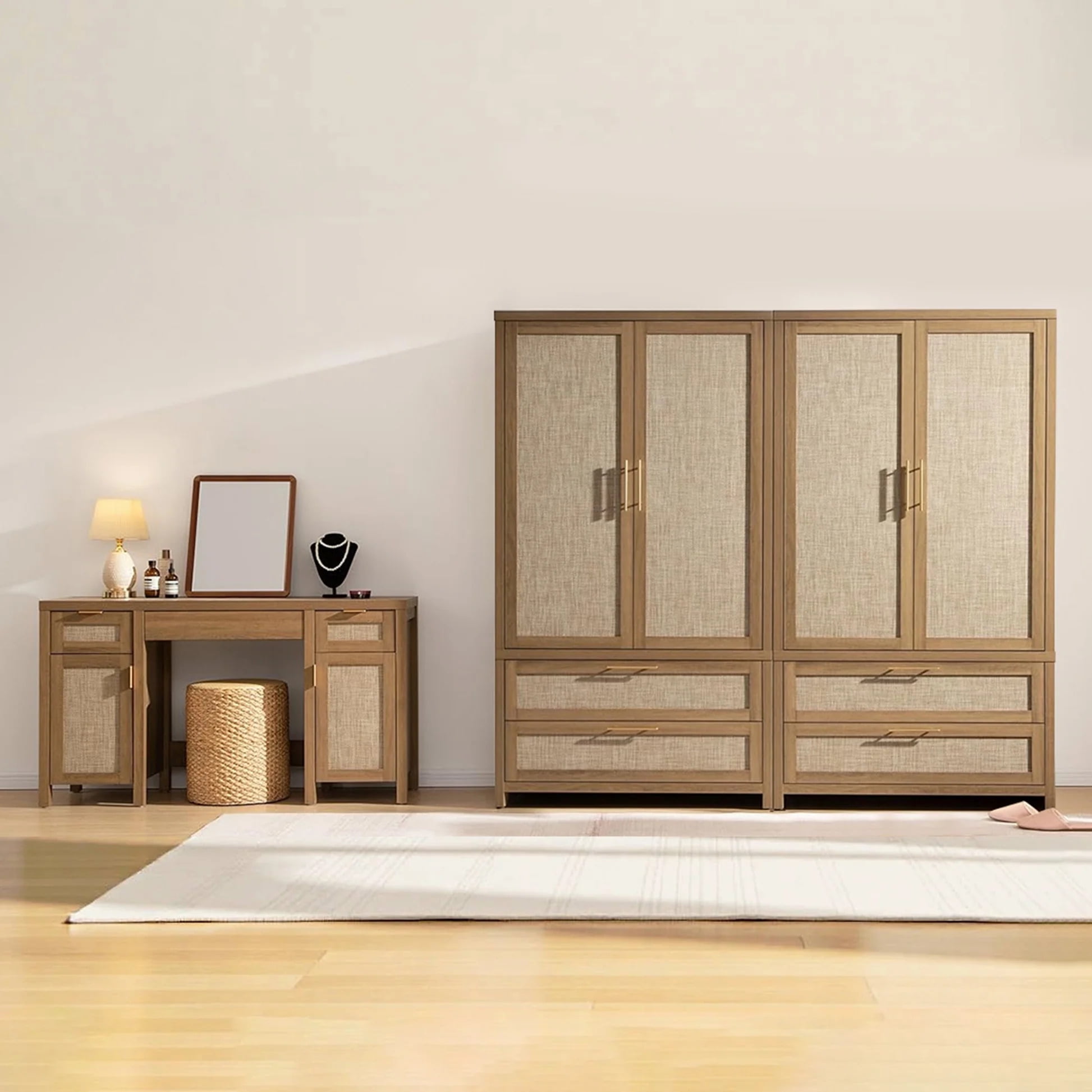 SICOTAS Rattan Wardrobe & Vanity Set, 3-Piece Natural Oak Bedroom ...