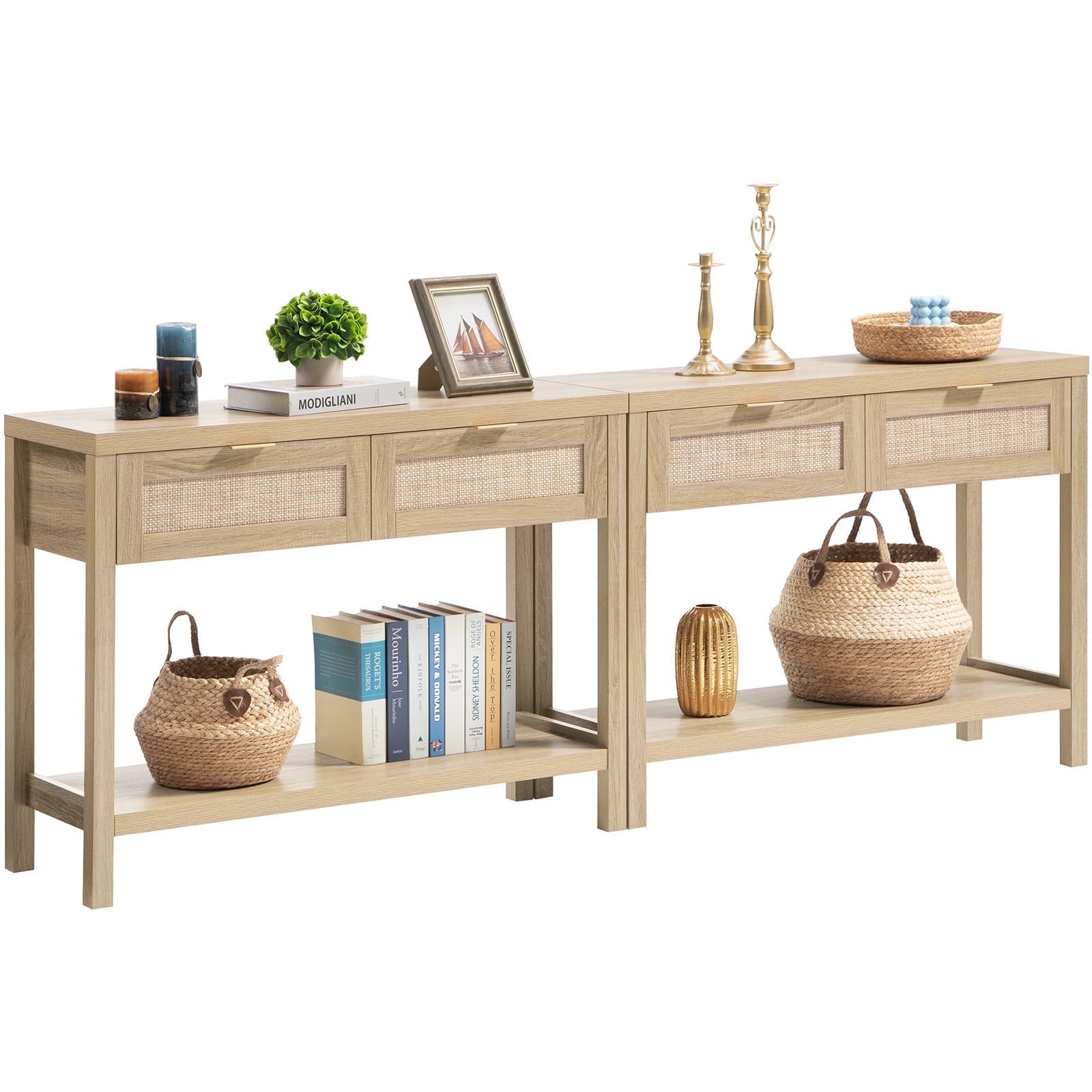 SICOTAS 2 Set Rattan Console Table with Storage, Natural Wood Entryway ...