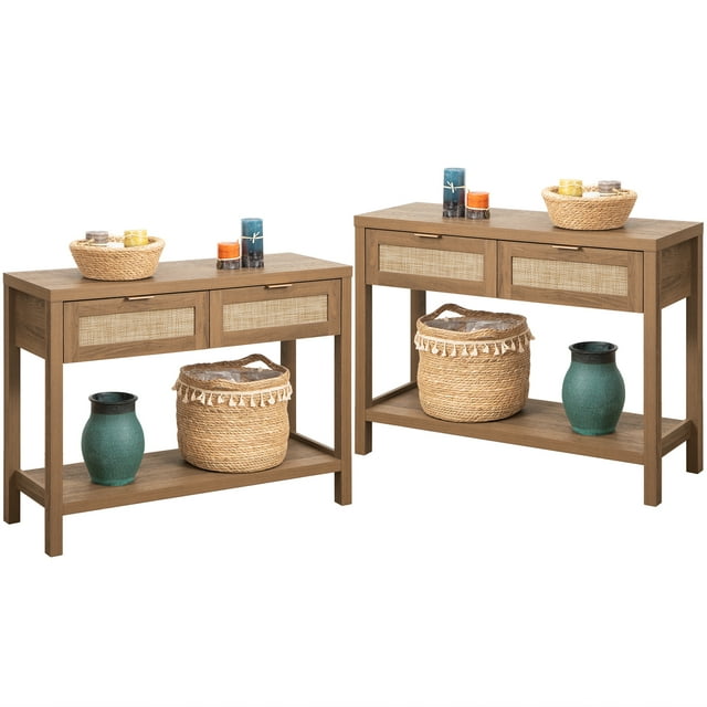 SICOTAS Set of 2 Rattan Console Table with Drawers, Wood Narrow Sofa ...