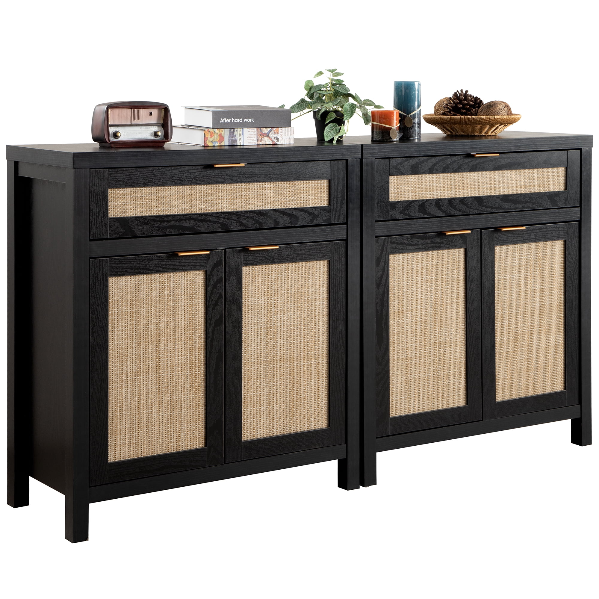 SICOTAS Sideboard Storage Cabinet with Drawer Set of 2, Boho Rattan ...