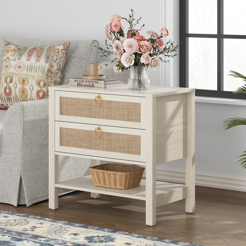 SICOTAS White Nightstand for Small Spaces, Rattan Night Stands with 2 ...