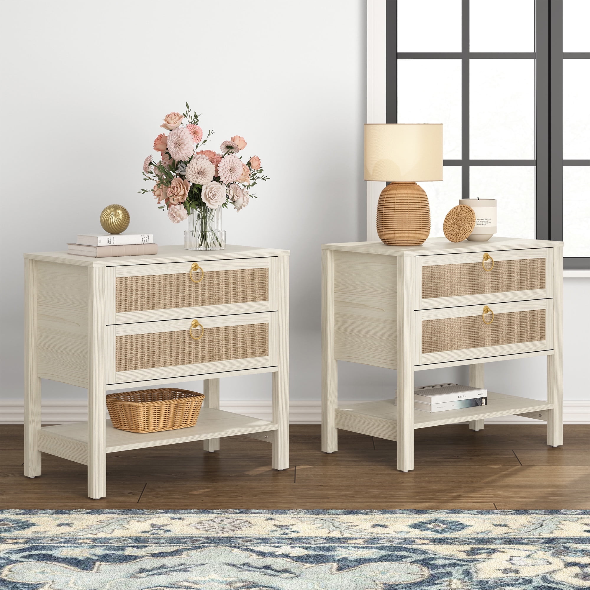 "SICOTAS Cream White Boho Nightstands Set of 2, Rattan Bedside Table ...