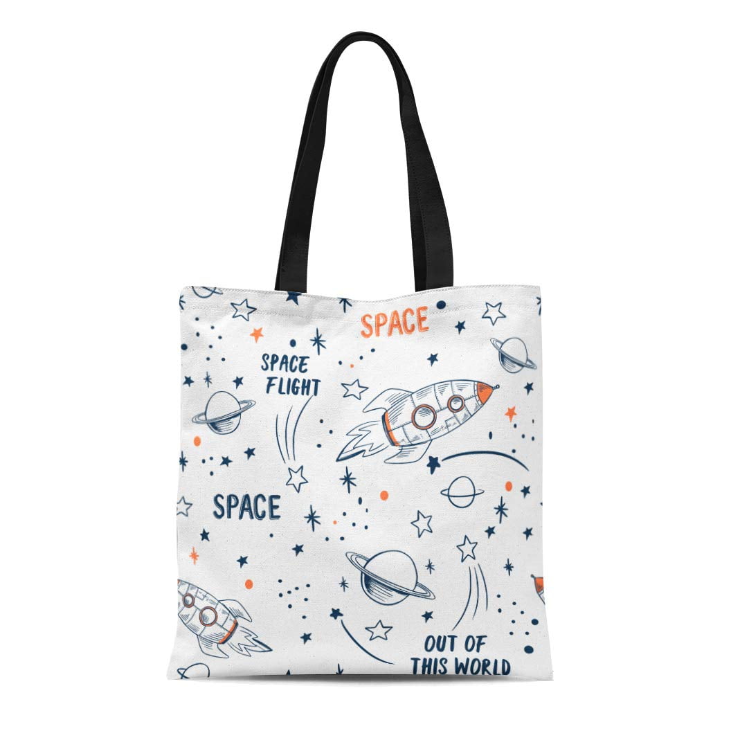 SIDONKU Canvas Bag Resuable Tote Grocery Shopping Bags Pattern Space Doodle Cartoon Rockets ...