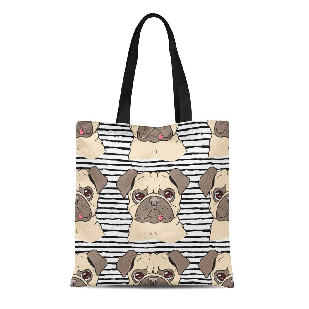 SIDONKU Canvas Tote Bag Face Pattern Funny Happy Pug Dog Cartoon Hand ...