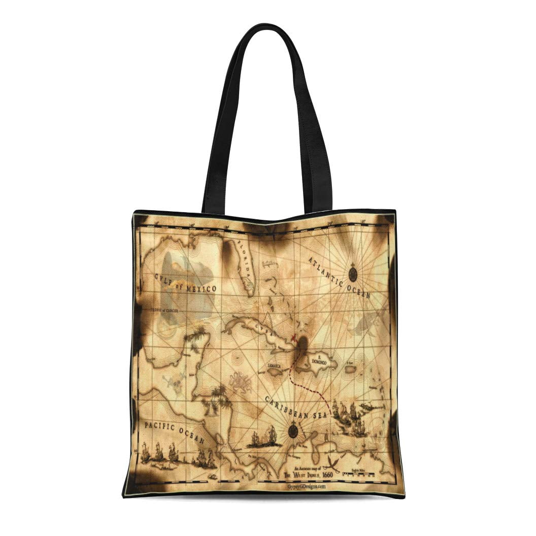 SIDONKU Canvas Tote Bag Pirate Caribbean Treasure Map Florida Bahamas ...