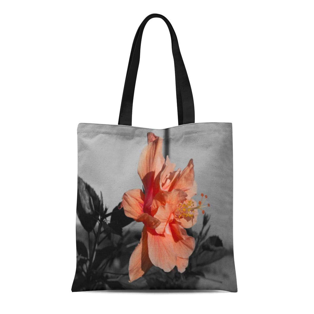 SIDONKU Canvas Tote Bag Splash Peach Double Hibiscus Flower Selective ...