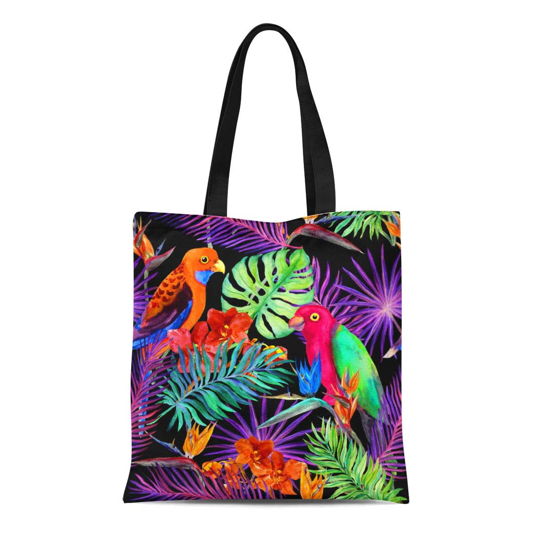 SIDONKU Canvas Tote Bag Tropical Leaves Exotic Flowers Parrot Birds in ...