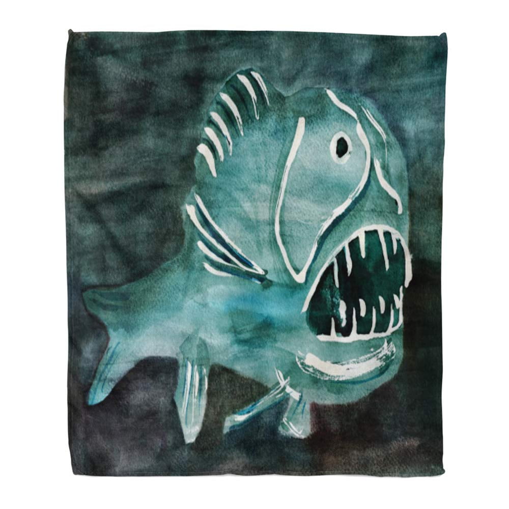 SIDONKU Throw Blanket Warm Cozy Print Flannel Blue Angry Evil Fish on ...