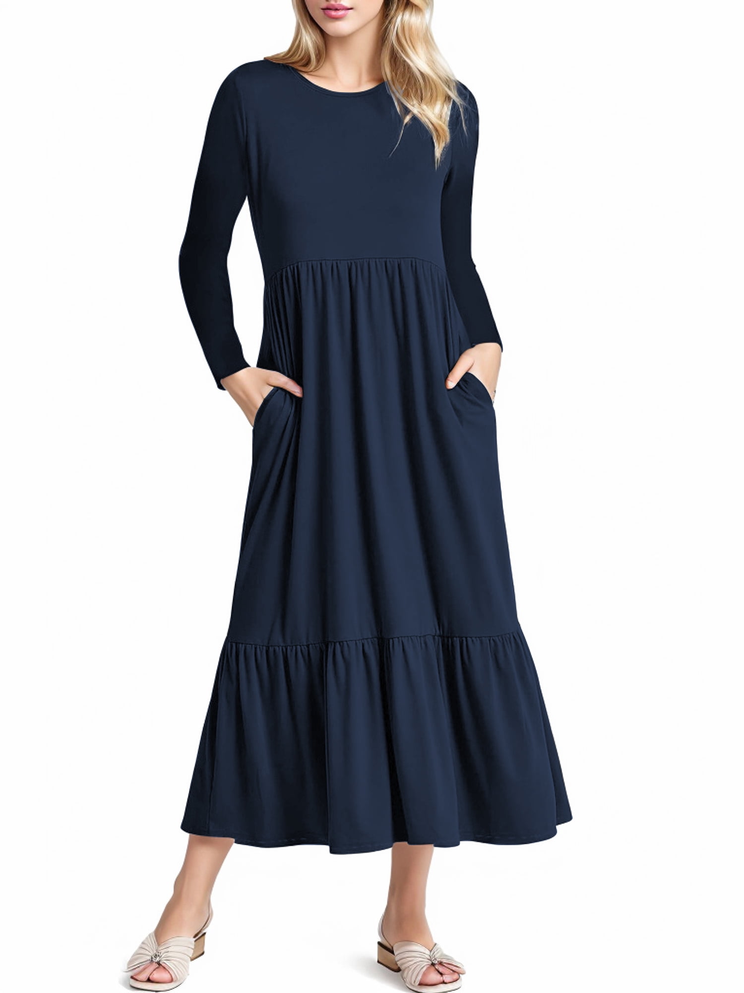 Mengpipi Women’s Fall Dress Casual Long Sleeve Crew Neck Dress Tiered ...