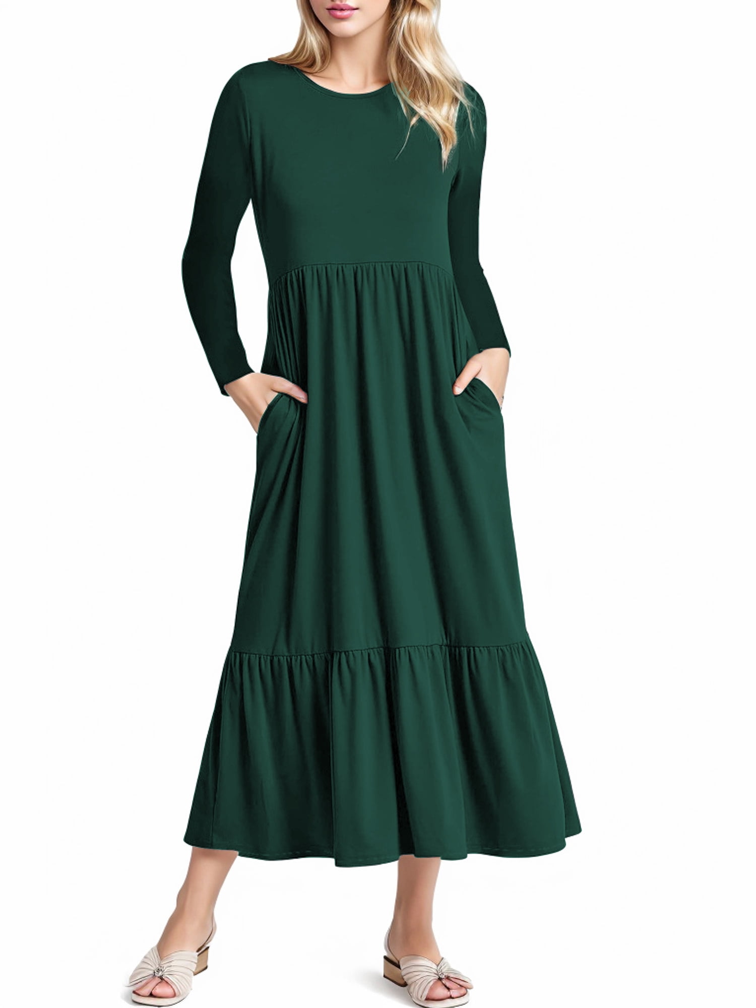Mengpipi Women’s Fall Dress Casual Long Sleeve Crew Neck Dress Tiered ...