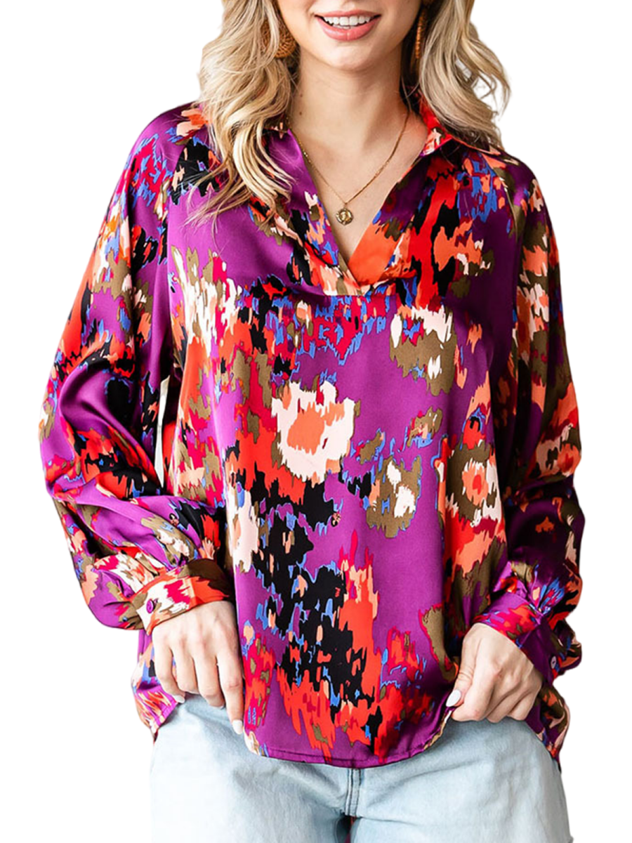 SIEANE Women's Graffiti Printed V Neck Puff Sleeve Blouse Long Sleeve ...