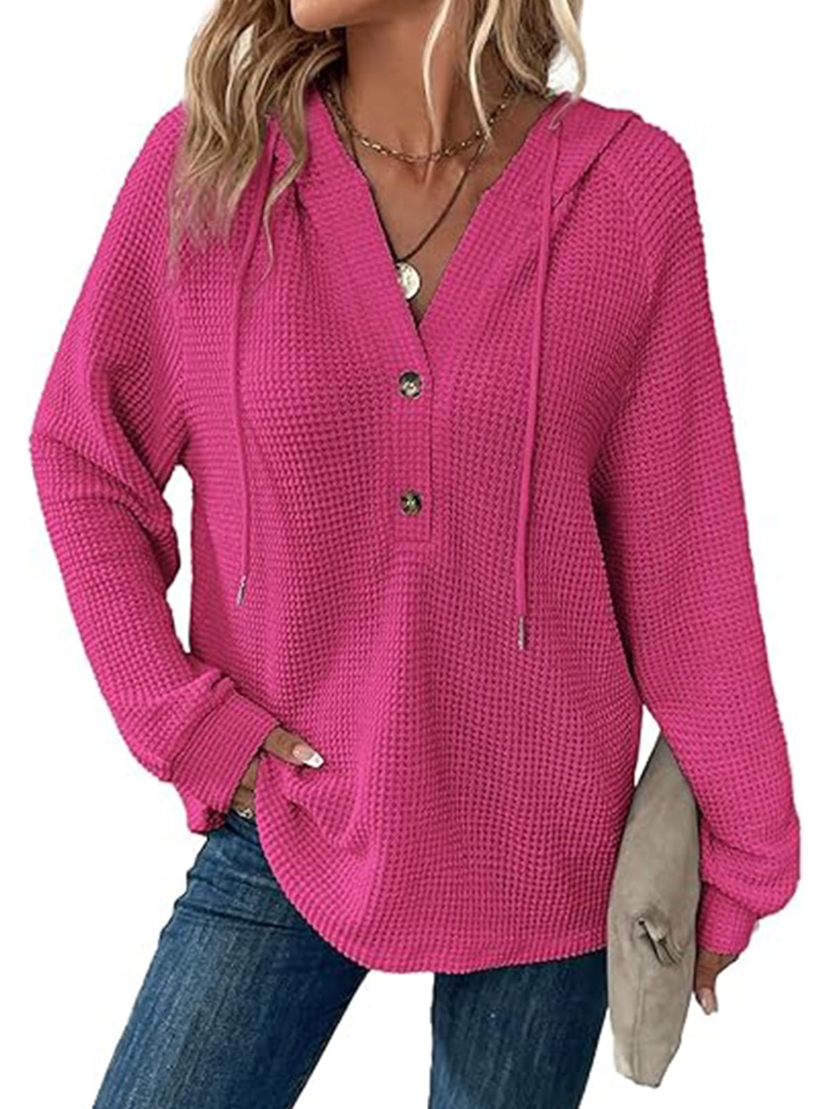 SIEANE Women's Hoodie Oversized Waffle Knit Tops Henley Casual Shirts ...