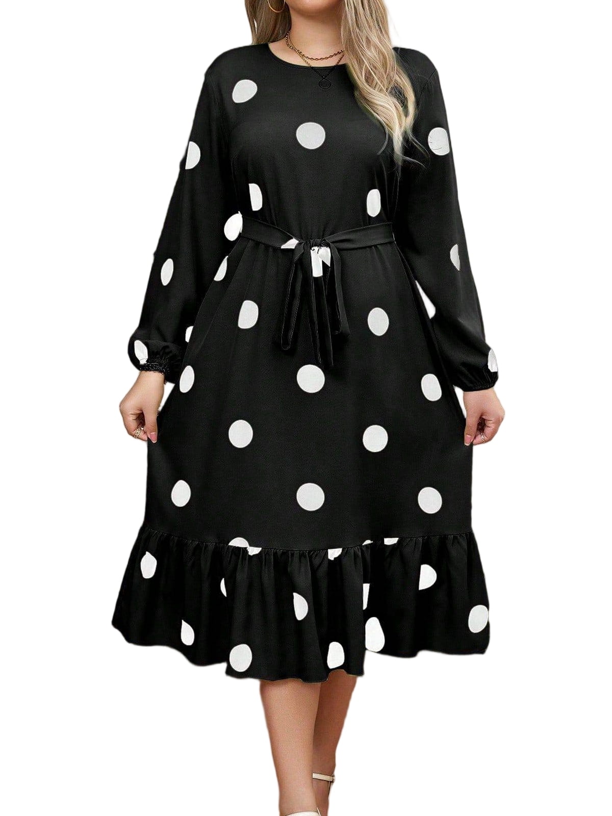 SIEANE Women's Plus-Size Casual Fall Long Sleeve Polka Dot Retro A-line ...