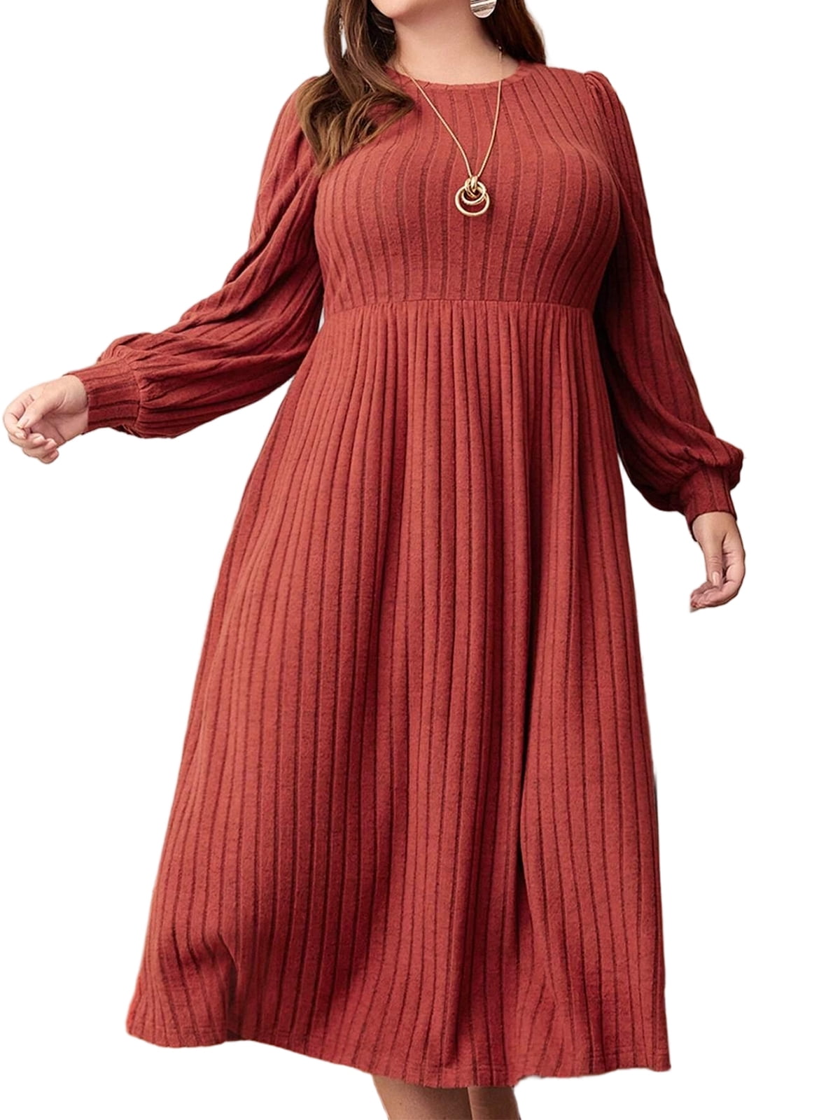 SIEANE Women's Plus-Size Casual Vintage Fall Long Sleeve Crew Neck Rib ...