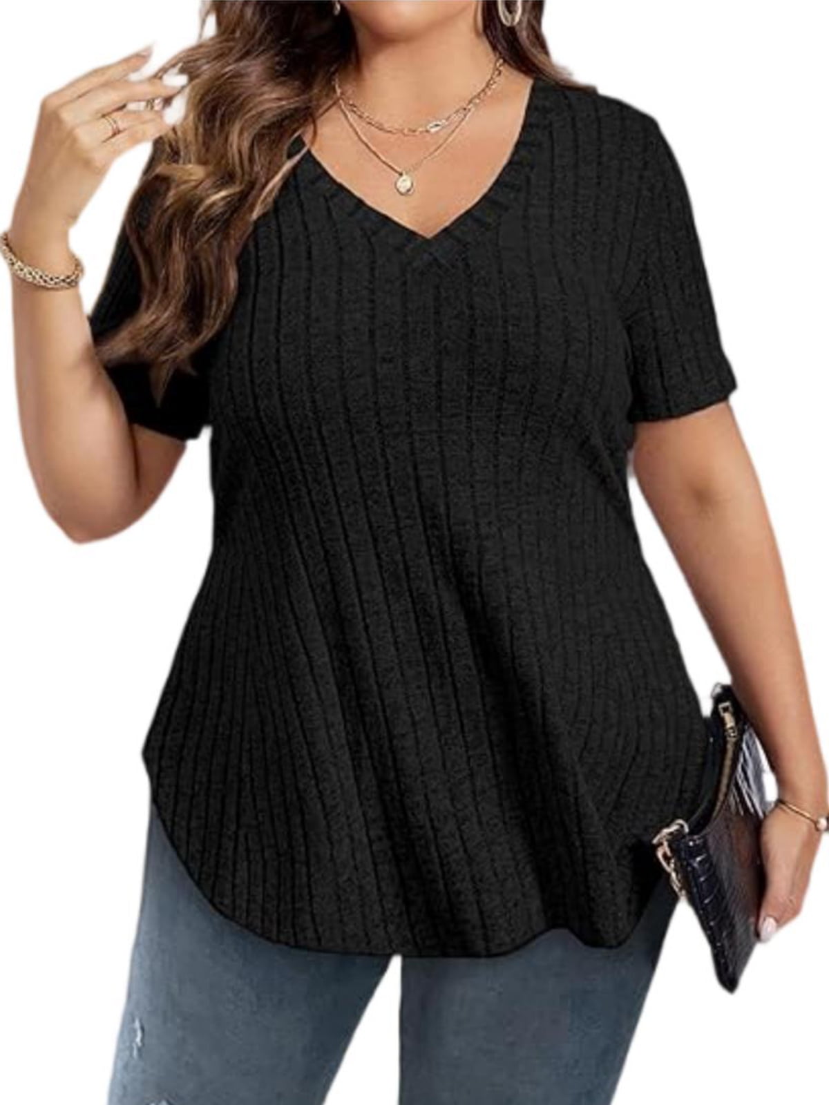 SIEANE Women's Plus Size short Sleeve Tops V Neck Pullover Sweaters ...