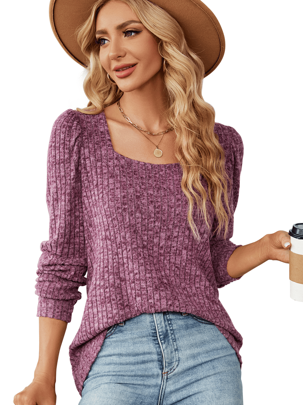 SIEANE Women’s Square Neck Sweaters Pullover Solid Color Loose Long Sleeve Knit Sweater,L ...