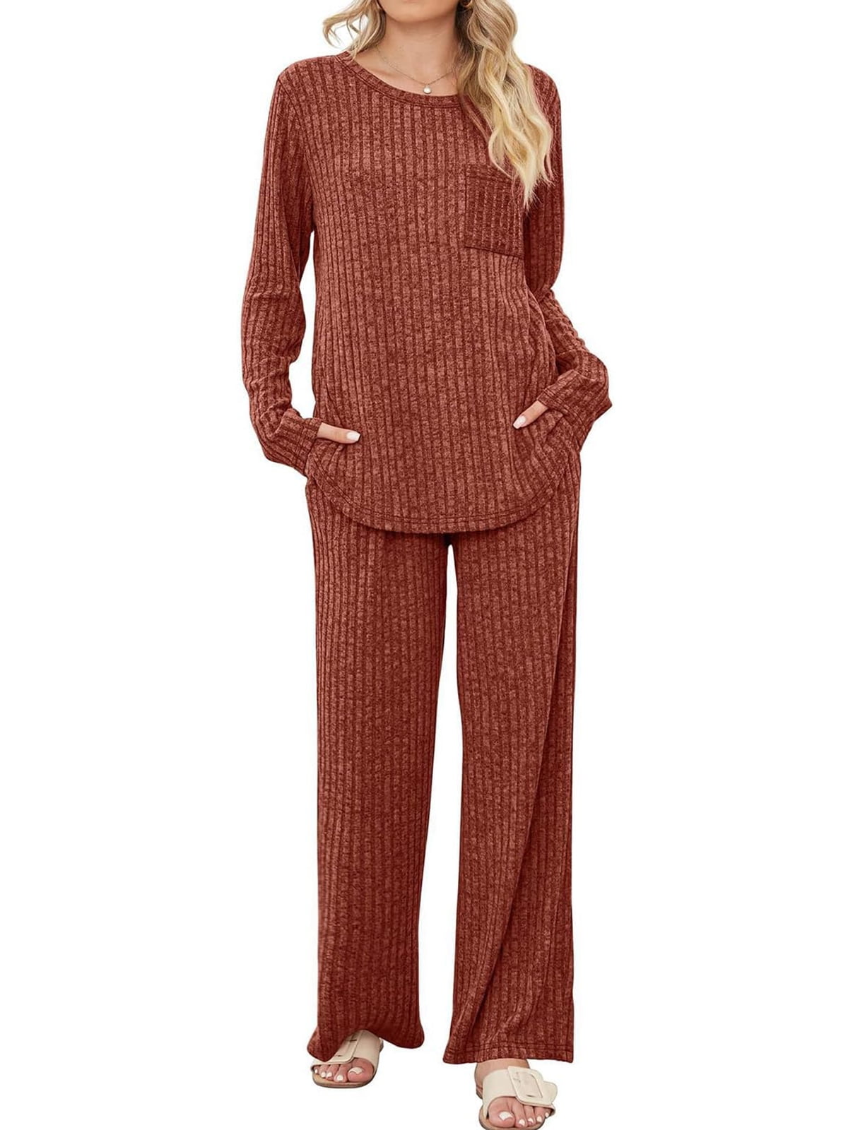 SIEANE Womens 2 Piece Lounge Sets Long Sleeve Wide Leg Pants Homewear ...