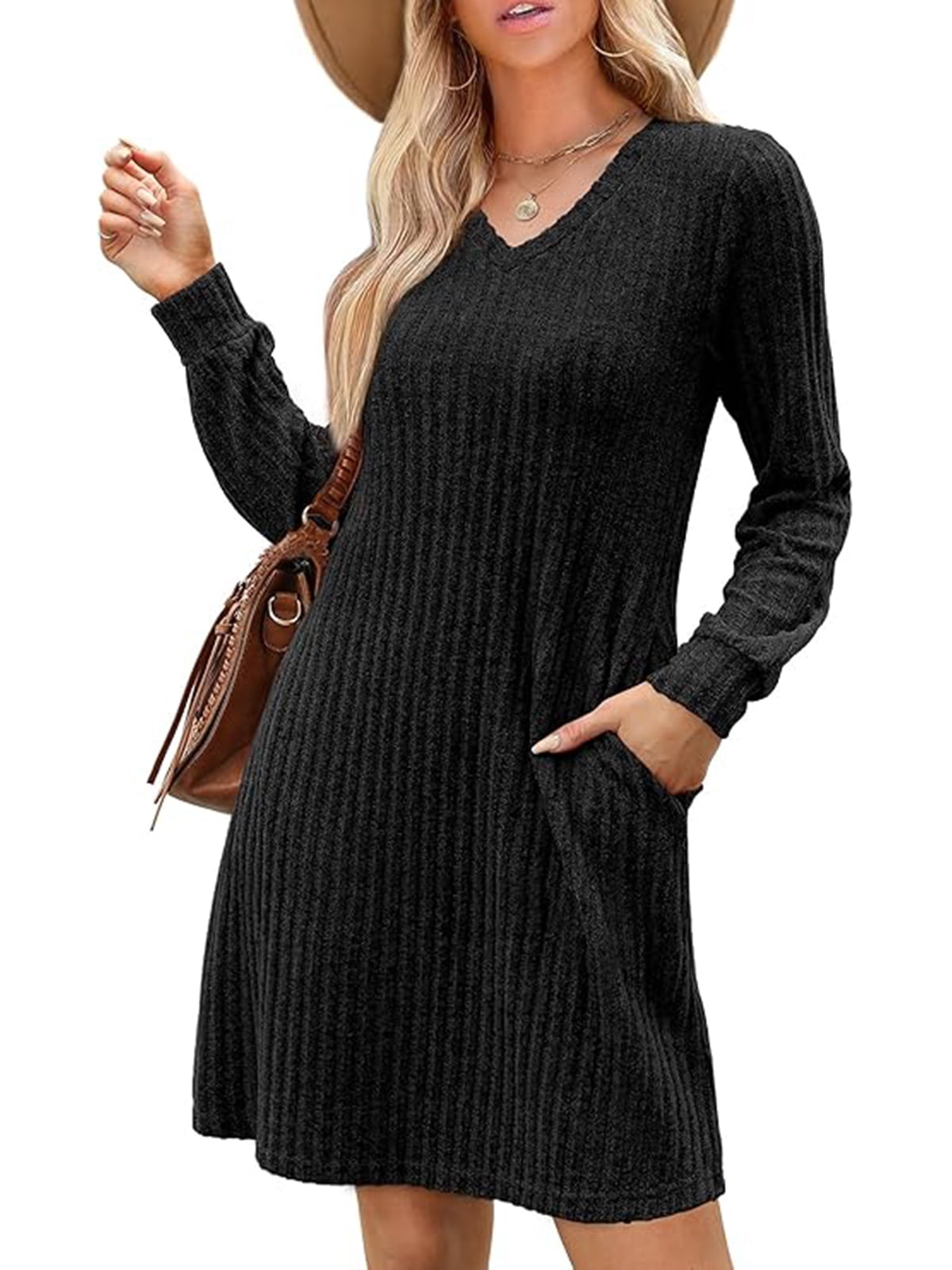 SIEANE Womens Long Sleeve Sweater Dresses V Neck Casual Fall Dresses ...