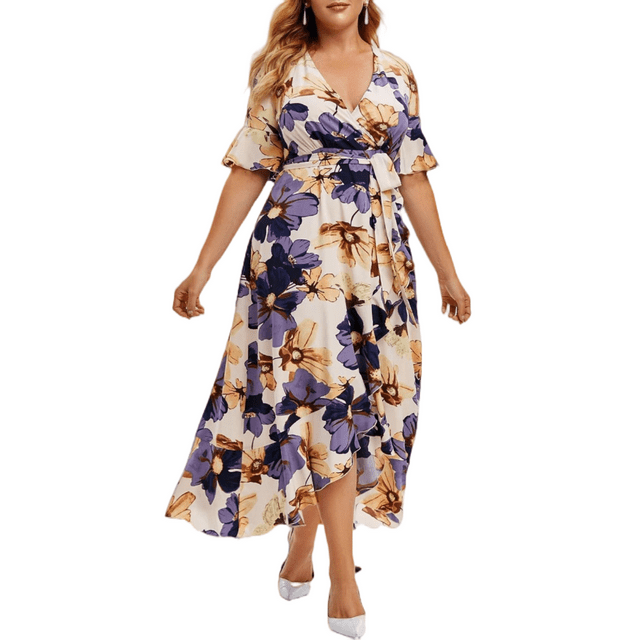 SIEANE Womens Plus Size Dress Ruffle Hem V-Neck Plus Size Maxi Wrap ...