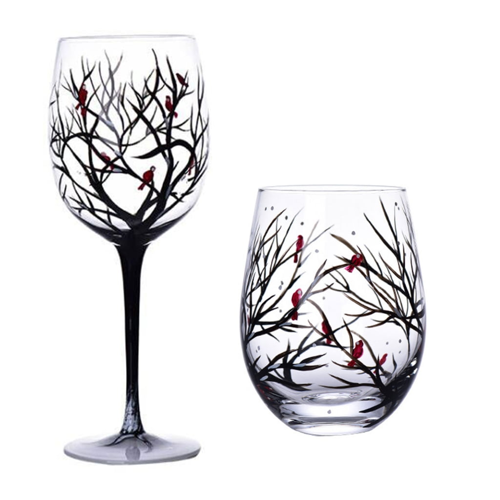 SIEYIO 450ml Four Seasons Tree Wine Glasses Goblet Printed Round Glass ...