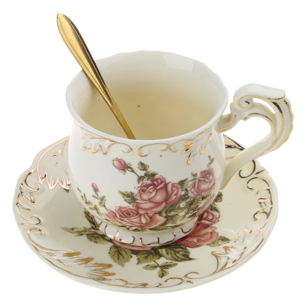 SIEYIO European Ceramics Coffee Cup Saucers Set American Afternoon Teas Gifts 250 ML Ivory ...