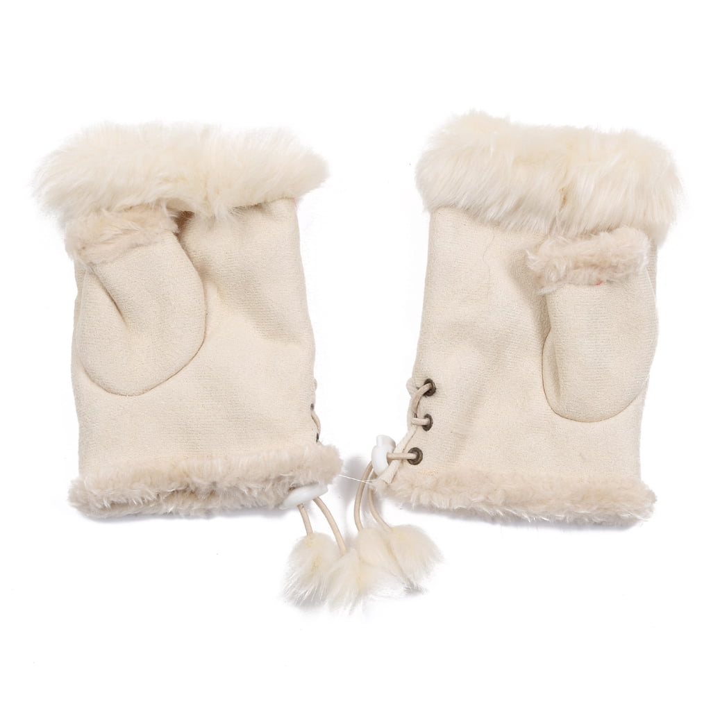 SIEYIO Faux Rabbit Fur Half Finger Glove Plush Thick Gloves Solid Color ...