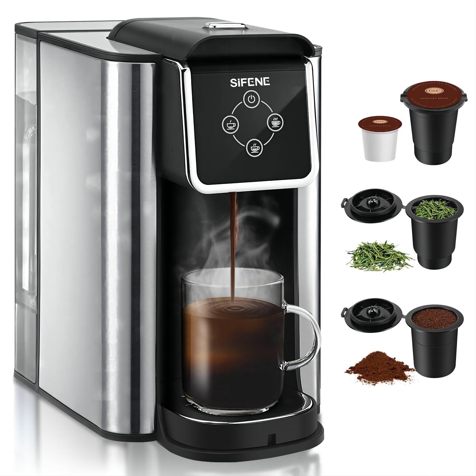 SiFENE 3-in-1 Single Serve Coffee Maker, Brew Ground Coffee, Tea, Black ...
