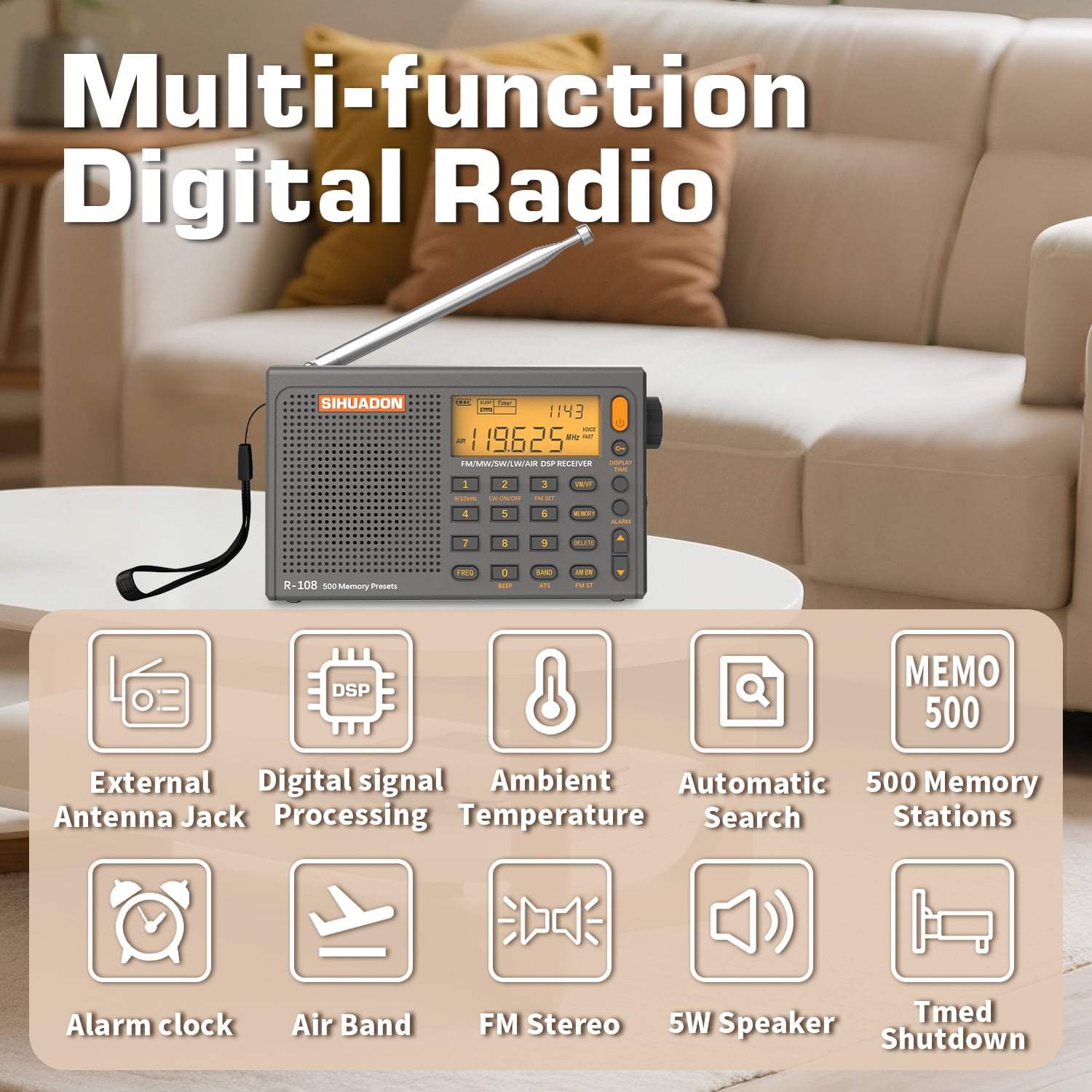 SIHUADON R-108 Compact Portable Radio, FM/SW/MW/LW/Airband DSP for ...