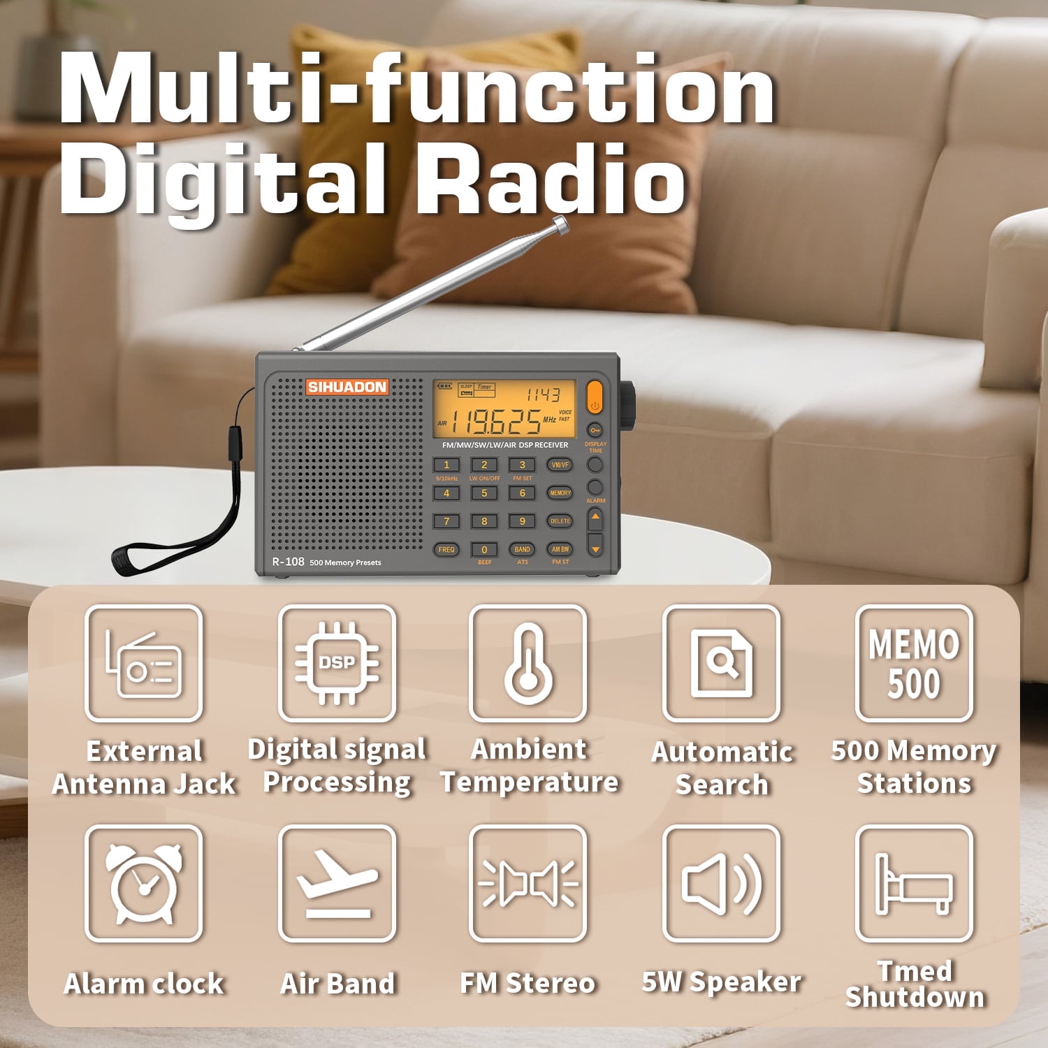 SIHUADON R-108 Compact Portable Radio, FM/SW/MW/LW/Airband DSP for ...