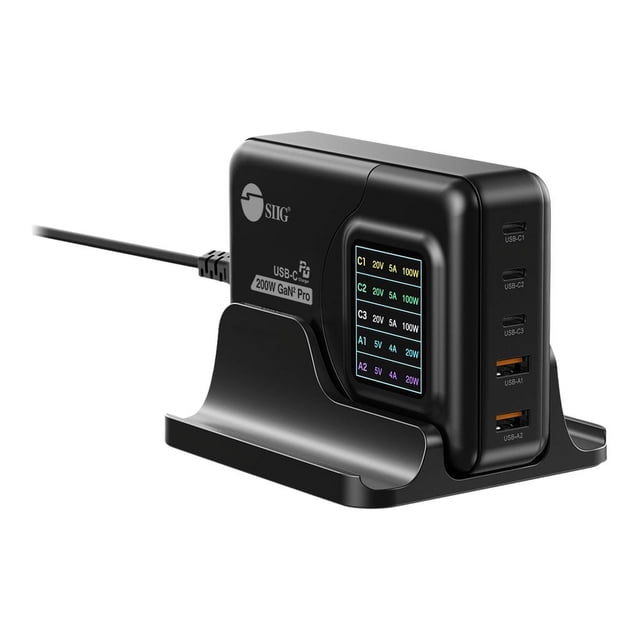 SIIG 200W GaN PD Charger with Charging Display - 3x USB-C + 2x USB-A ...