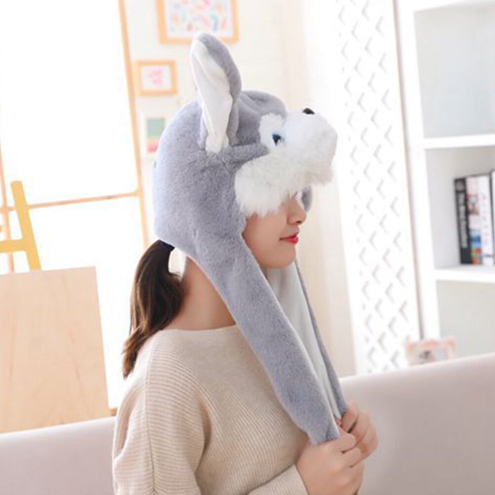 SILENRADAWN Grey Plush Dog Hat with Movable Ears for Wearing Use One ...
