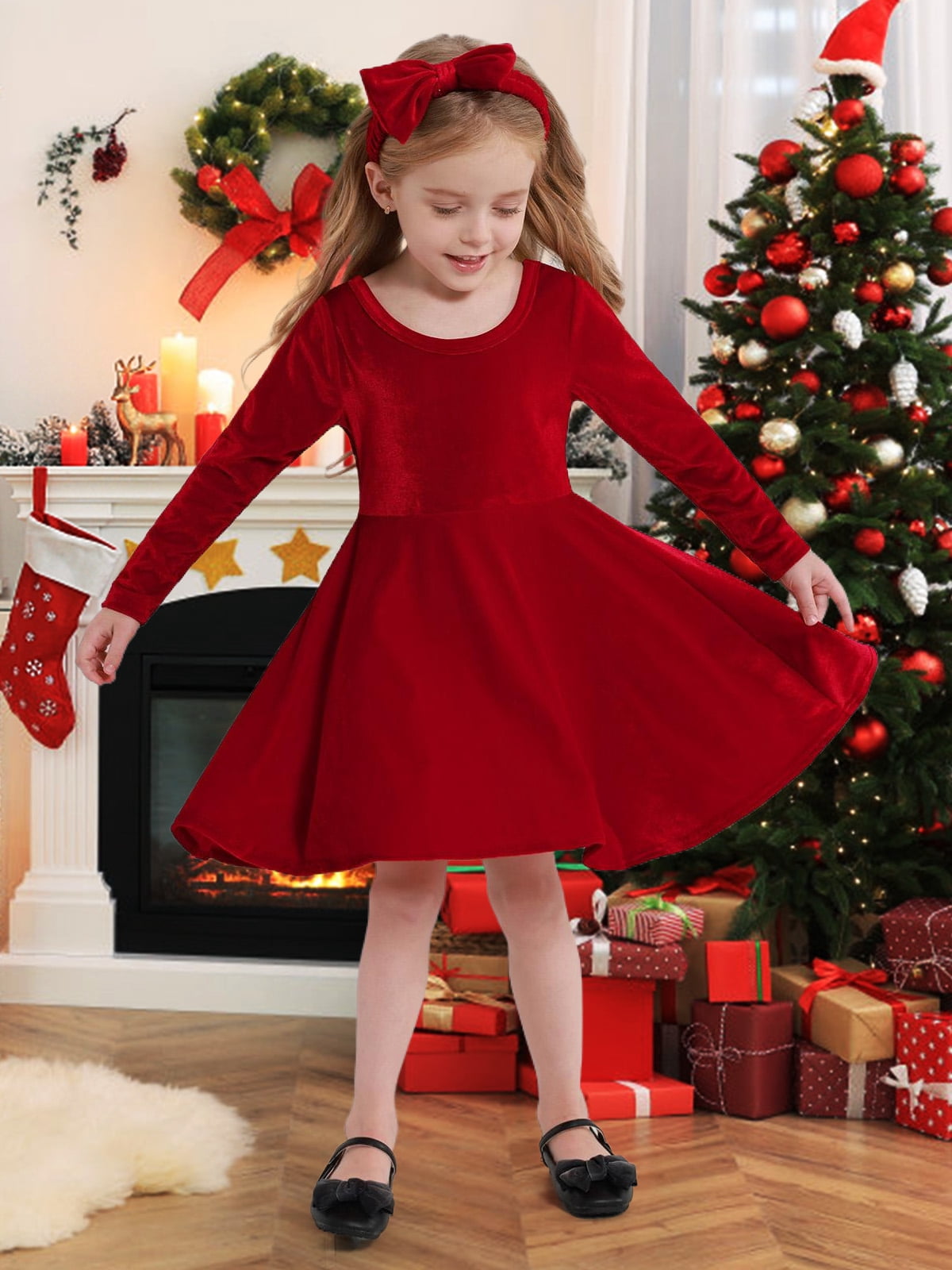 SILVERCELL 1-9T Toddler Girls Christmas Velvet Twirl Dresses + Headband ...