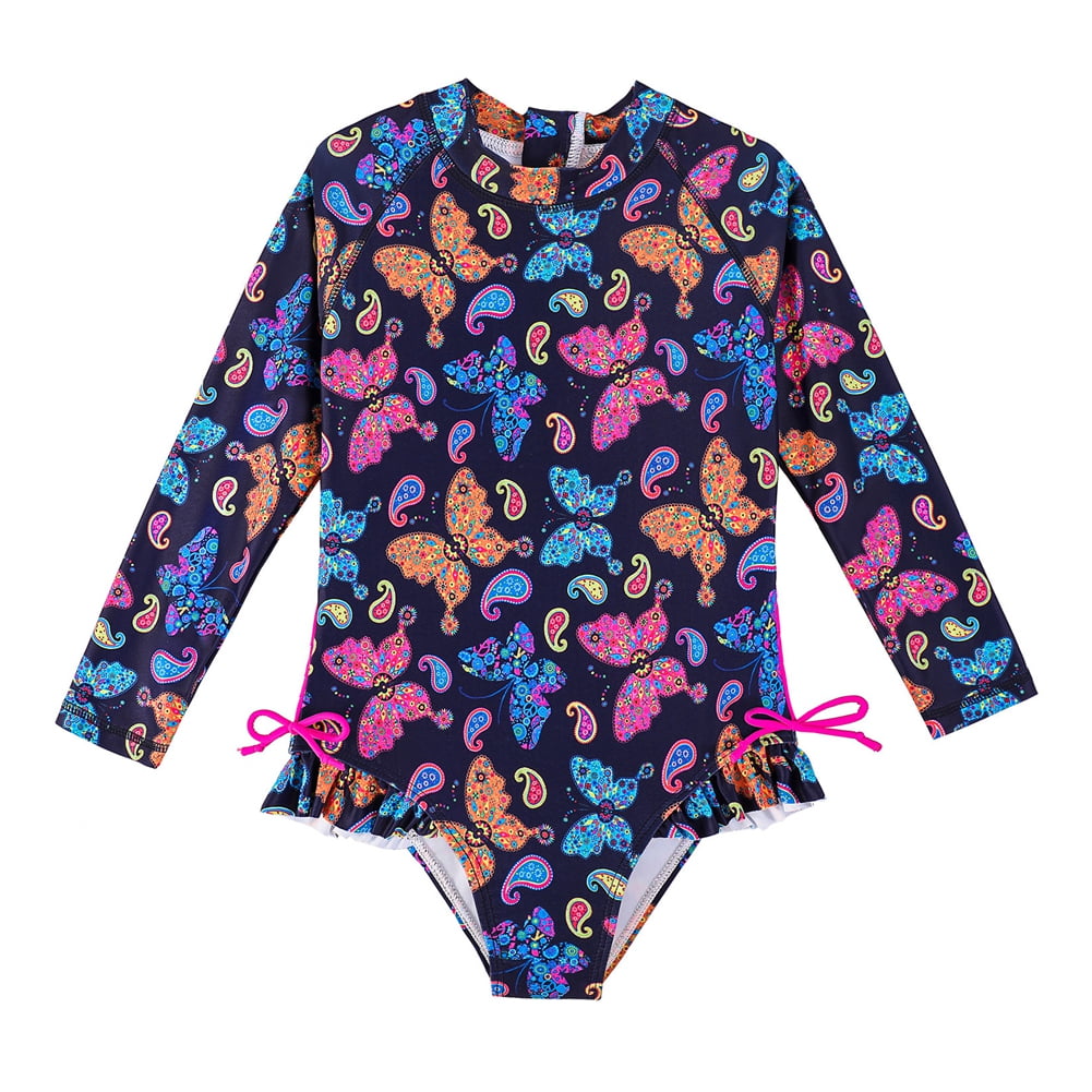 SILVERCELL 12M-5T Toddler Girls One-piece Swimsuits Rash Guards Kids Long Sleeve Ruffled Zipper ...