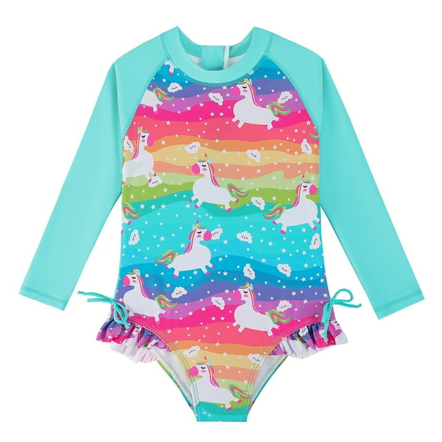 SILVERCELL 12M-5T Toddler Girls One-piece Swimsuits Rash Guards Kids Long Sleeve Ruffled Zipper ...