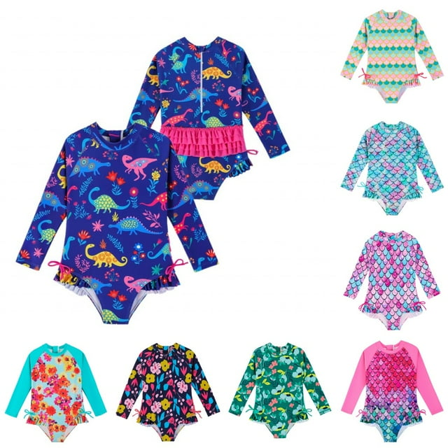 SILVERCELL 12M-5T Toddler Girls One-piece Swimsuits Rash Guards Kids Long Sleeve Ruffled Zipper ...