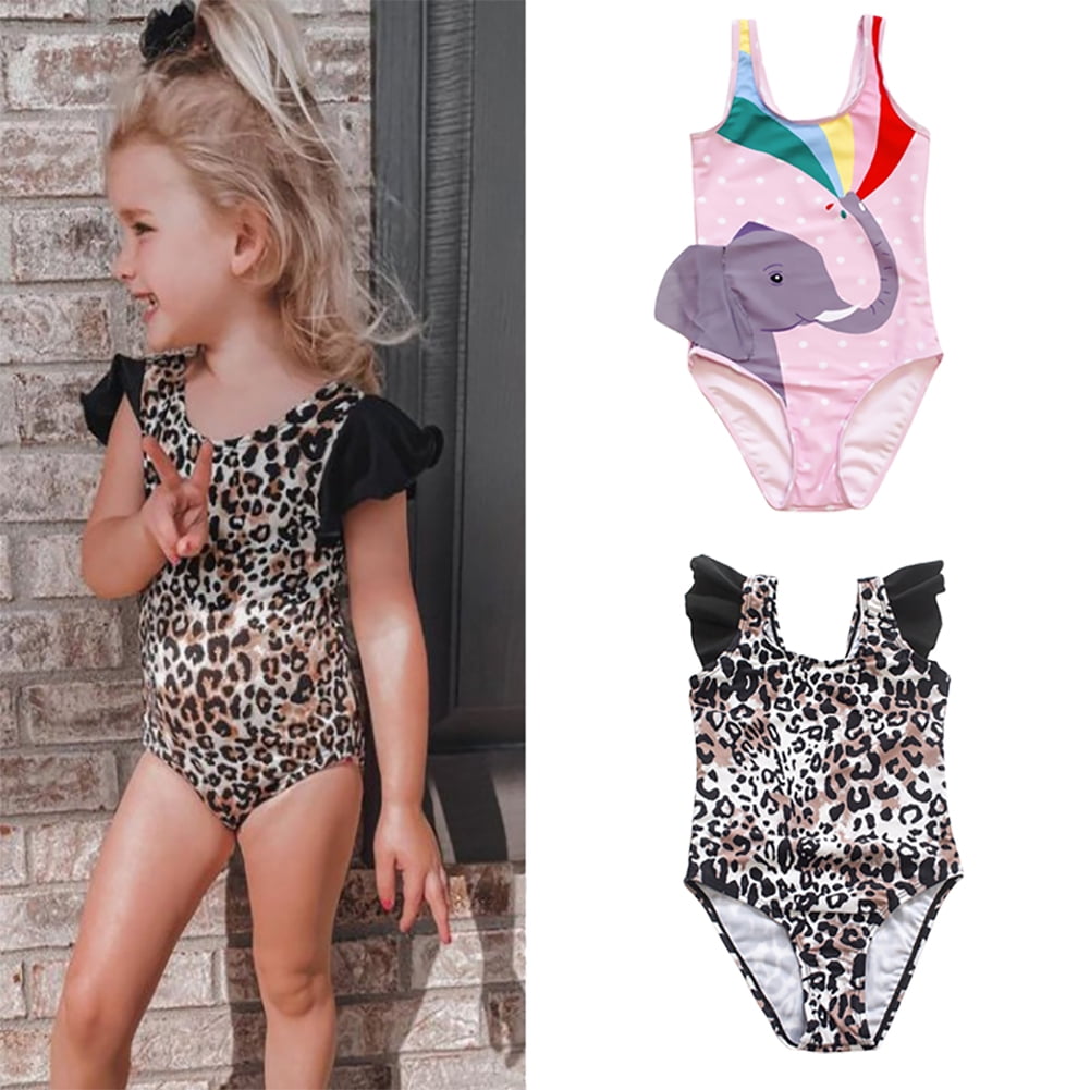 SILVERCELL Girls' One Piece Swimsuit Ruffle Beach Swimwear Leopard Print Bathing Suit 3-8 Years ...