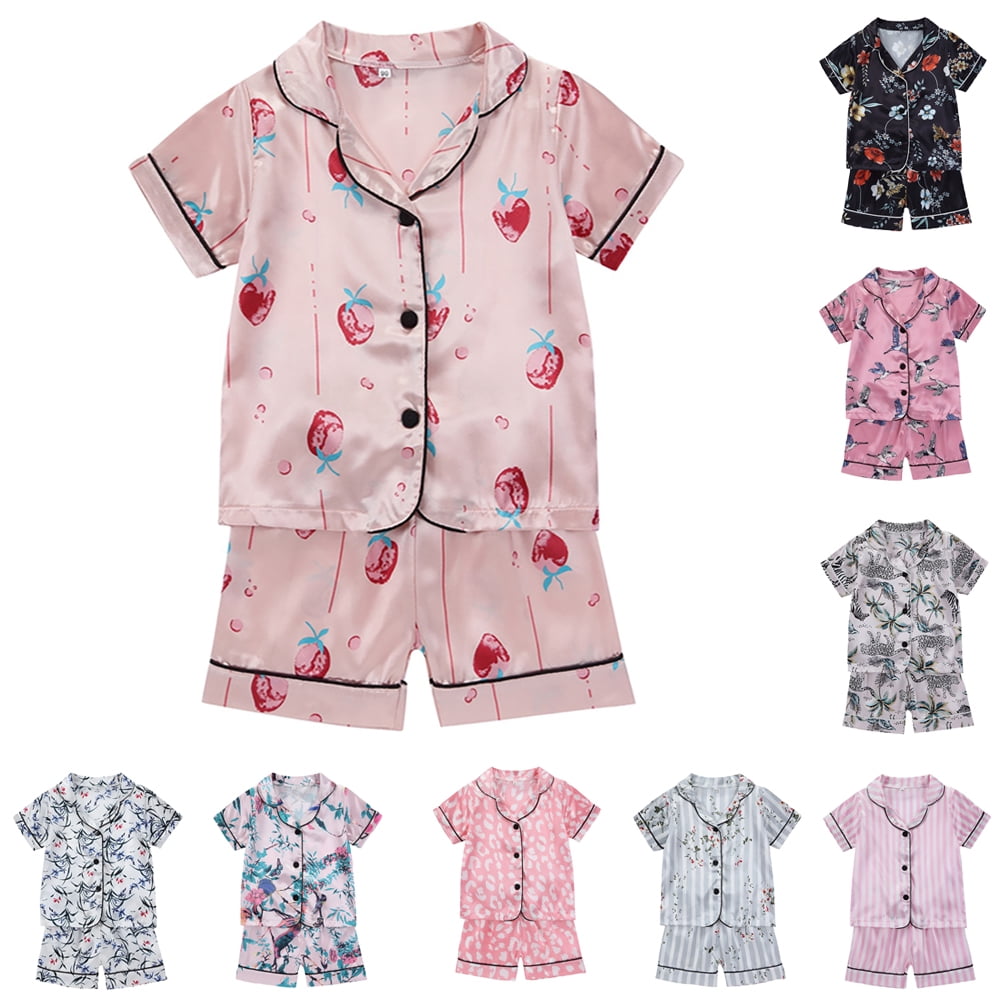 SILVERCELL Girls Satin Pajamas Set, 2 Piece Silk Nightwear Button-Down ...