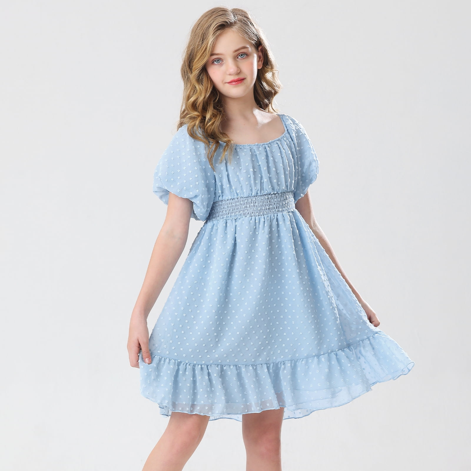 SILVERCELL Girls Summer Casual Dress Puff Sleeve Swiss Dot Layered ...