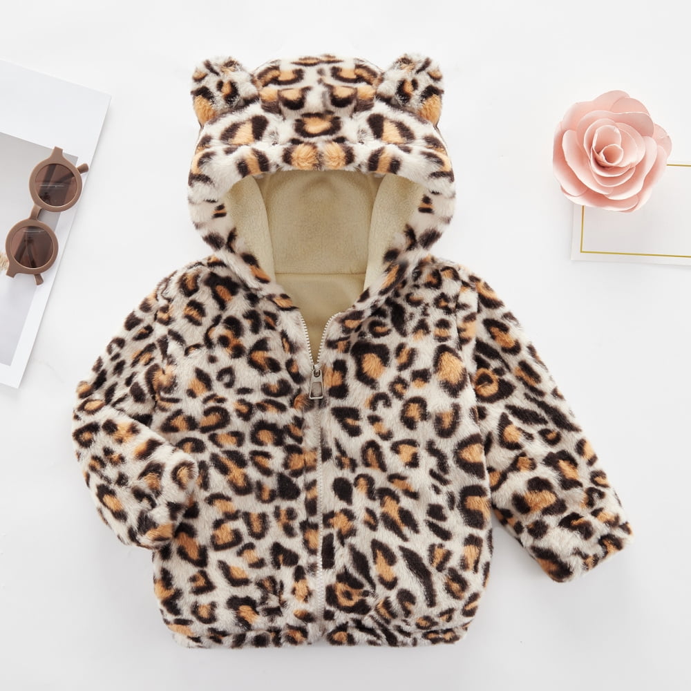 SILVERCELL Toddler Kids Leopard Print Fleece Jacket Zip Up Bear Hoodies Fall Winter Warm Coat ...
