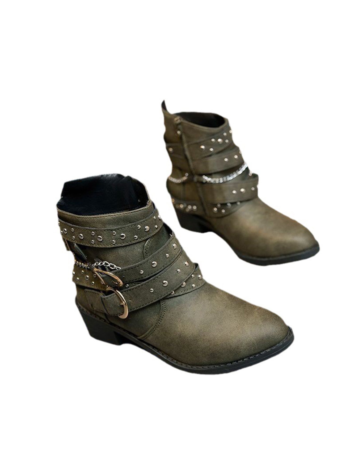Simanlan Vintage Combat Boots For Women Goth Rivet Metal Buckle Booties