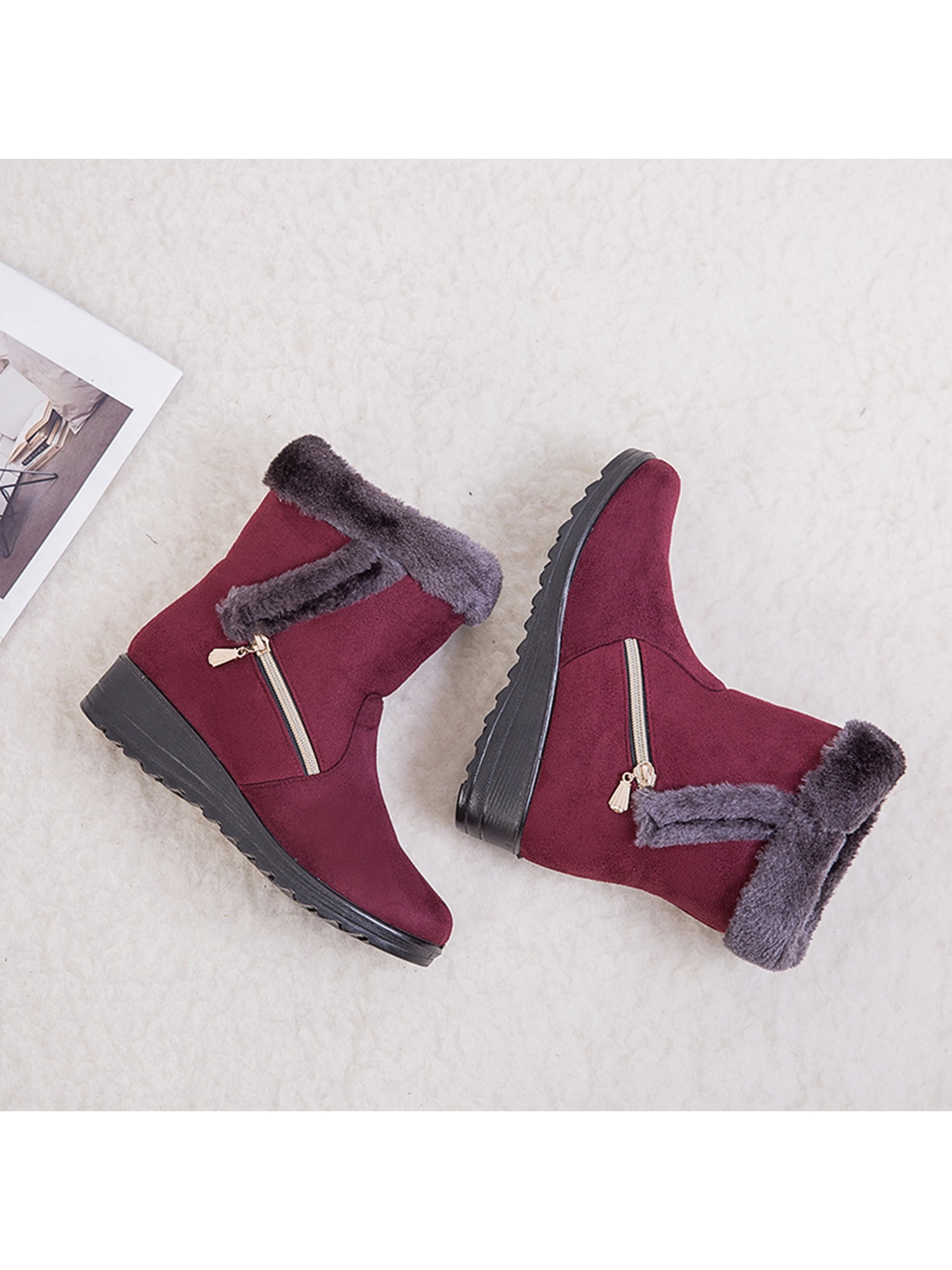 SIMANLAN Warm Faux Fur Lined Winter Snow Boots Womens Anti-Slip Ankle ...