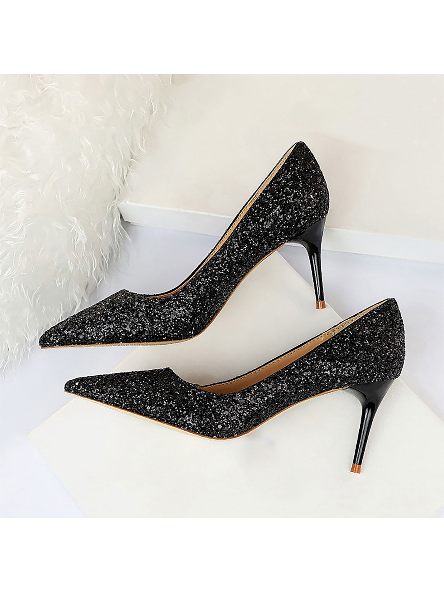 SIMANLAN Women Stiletto Heels Slip On Dress Pump Glitter Pumps Womens ...